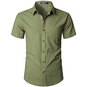 ZEROYAA Men's Fitted Cotton Linen Casual Short Sleeve Button Up Shirts Lightweight Beach Tops with Pocket ZLSC34-Avocado Green Medium