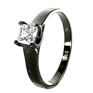 Women`s Black Titanium Camo and Stainless Steel Princess Engagement Wedding Rings Set (Size Women 7)