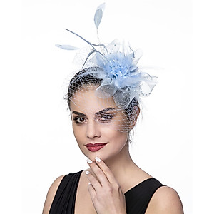 SAFERIN Fascinators Hat Flower Mesh Ribbons Feathers on a Headband and a Clip Tea Party Headwear for Girls and Women (Polyester, ST01-Light Blue)