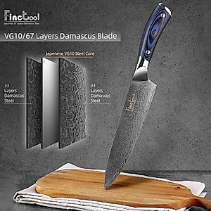 Chef Knives,FineTool 8 inch Professional Kitchen Knife Japanese Damascus VG10 67 Layer Stainless Steel Knives with Ultra Sharp Blue Micarta Handle