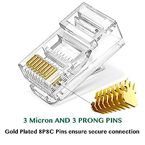 Kinoth RJ45 CAT6 Pass Through Connectors 100 Pack - Easy and Fast Termination - Gold Plated 3 Prong 8P8C Modular Ethernet UTP Network Cable Plug End for Cat6 Cat5e