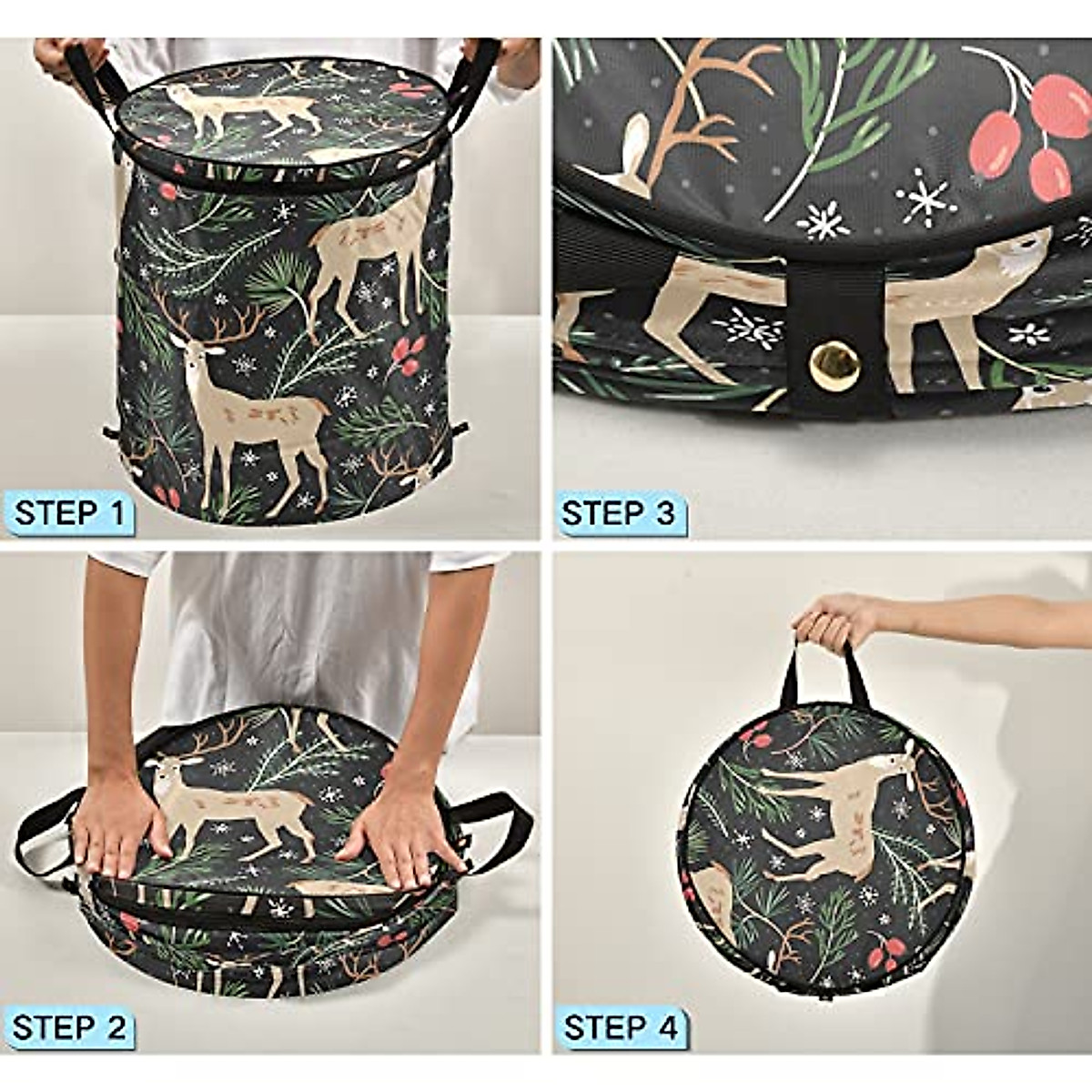 Christmas Deer Animal Pop Up Laundry Hamper With Lid Foldable Laundry Basket With Handles Collapsible Storage Basket Clothes Organizer for Home College Dorm Camping