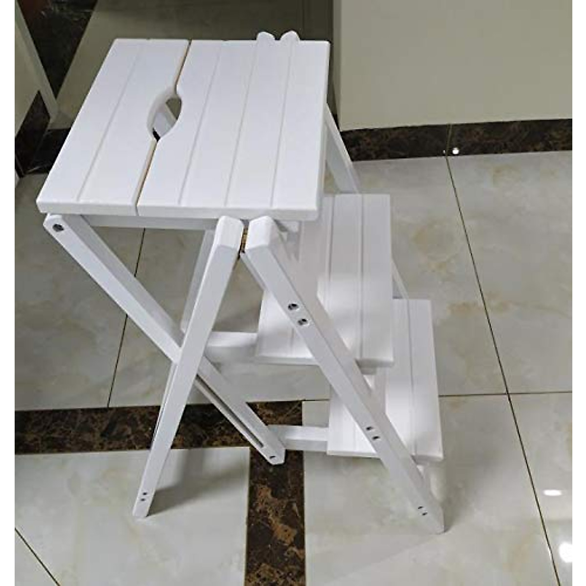 Folding Ladder Staircase Multi-Functional Folding Solid Wood Ladder Stool,Step Stool Household Muliti-Color Stool Step Ladder Foldable Stepladder,White,Three