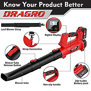 Dragro Cordless Leaf Blower, 540CFM 21V Electric Battery Powered Leaf Blower with 5.2Ah Battery, Portable Small Handheld Leaf Blowers with 6 Speed for Lawn Care, Snow Blowing-Digital Display