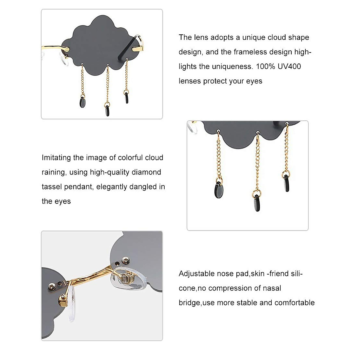 BOJOD Rimless Cloud Sunglasses For Women Trendy Disco Festival Glasses Vintage 90s Sunglasses Funny Cloud BLUE Halloween