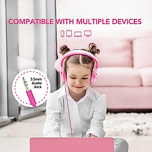 TalkWorks Corded Headphones for Kids - Over Ear Headphones for Home, School, and Gaming - Lightweight, Portable, Cushioned Earcups, and Adjustable Headband - Comes in Fun Colors - One Size, Pink