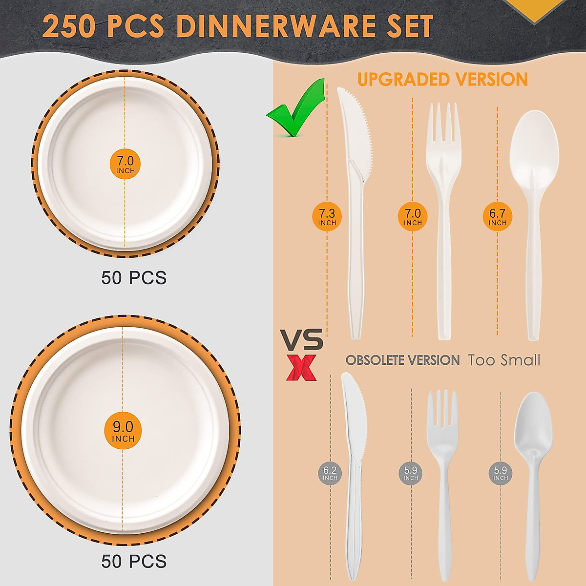 Gezond Compostable Paper Plates 250pcs Disposable Plates Heavy-Duty Paper Plates Biodegradable White Plates for Party Sugarcane Plates Cornstarch Forks Knives Spoons for 50 Guests