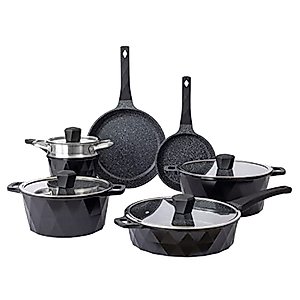 Country Kitchen Nonstick Induction Cookware Sets - 11 Piece Nonstick Cast Aluminum Pots and Pans with BAKELITE Handles - Induction Pots and Pans with Glass Lids (Black)