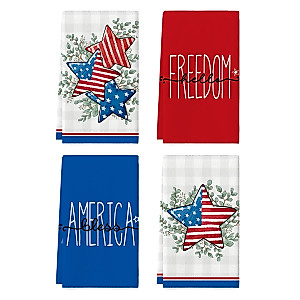 Artoid Mode Buffalo Plaid American Flag Stars 4th of July Kitchen Towels Dish Towels, 18x26 Inch Eucalyptus Leaves Patriotic Liberty Decor Hand Towels Set of 4