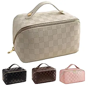 Checker Makeup Bag, Checkered Cosmetic Bag, Large Capacity Travel Cosmetic Bag, Everyday Makeup Bag, Emergency Bag for Teen Girls (WHITE)