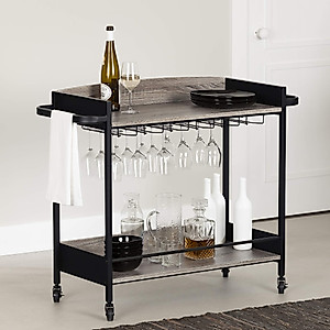 South Shore City Life Bar Cart with Wine Glass Rack, Black and Faux Carrara Marble