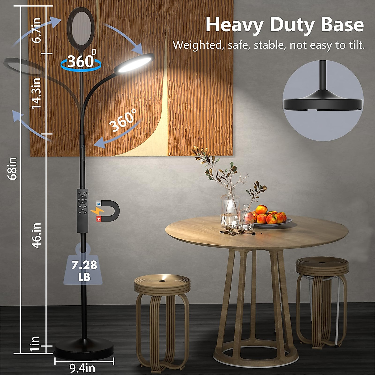 luckystyle Floor Lamp,Super Bright Dimmable Led Floor Lamps for Living Room, Custom Color Temperature Standing Lamp with Remote Push Button, Adjustable Gooseneck Reading Floor Lamp for Bedroom Office