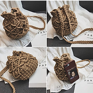 Nice Pies Womens Drawstring Crossbody Bag Beach Handwoven Purse Small Straw bucket bag retro woven hollow Messenger bag