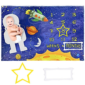 KEMINA BLANKETS Baby Monthly Milestone Blanket Boy, Milestone Blanket for Baby Boy, Outer Space Baby Blanket Nursery Includes Photography Prop, Space, Boy Milestone Blanket 60x40