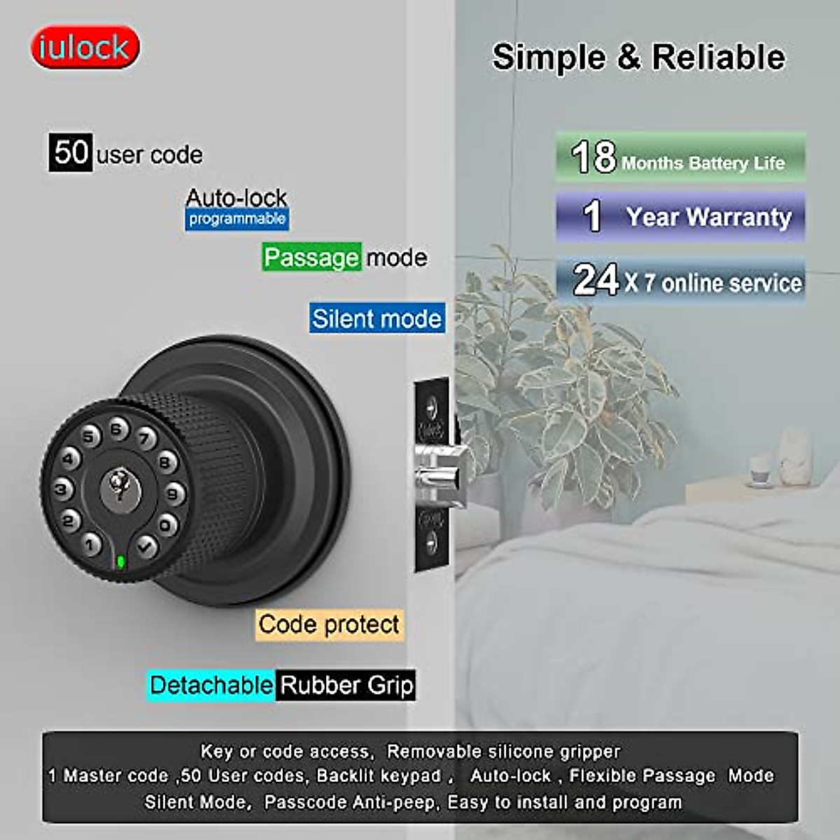 iulock Smart Door Knob with Keypad and Key,Keyless Entry Door Lock with Rubber Grip, Auto Lock,50 User Code,Waterproof, Easy to Install and Program for Bedroom Garage Office Gate (Matte Black)