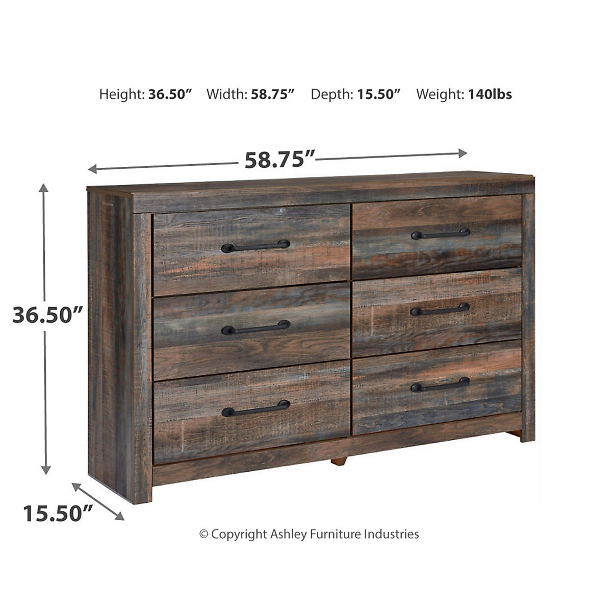 Signature Design by Ashley Drystan Rustic Industrial 6 Drawer Dresser, Weatherworn Brown