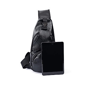 Large Vintage Men's Leather Sling Bag,Chest Shoulder Backpack, Water waterproof Crossbody Bag with USB Charging Port -Large Black
