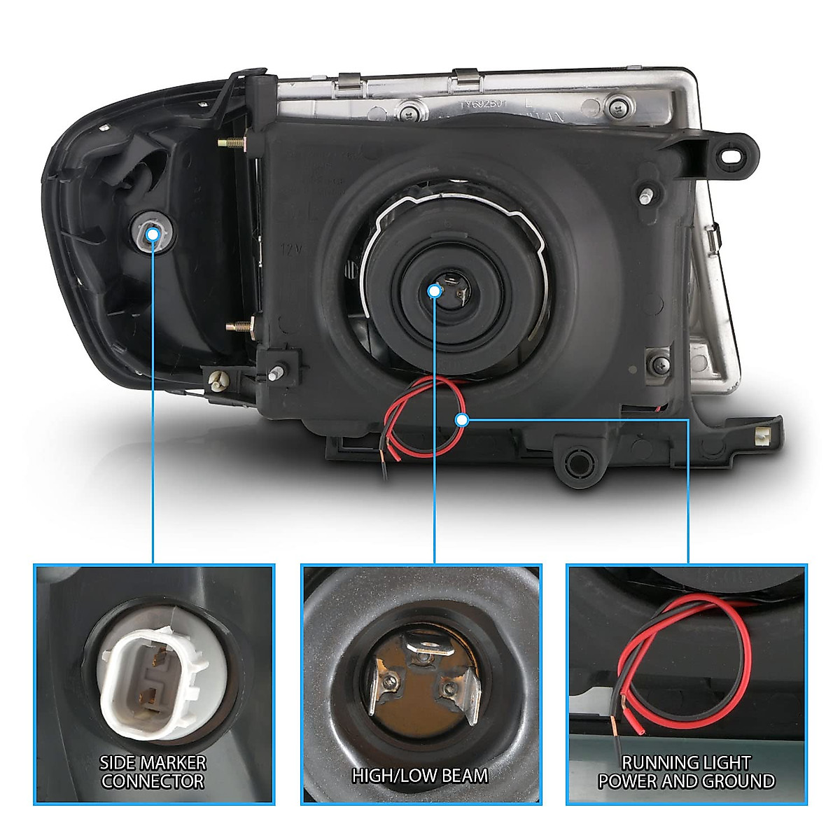 AmeriLite for 1998-2000 Toyota Tacoma 4WD Pickup LED Tube Black Reaplcement Headlights + Corner Light Set - Passenger and Driver Side