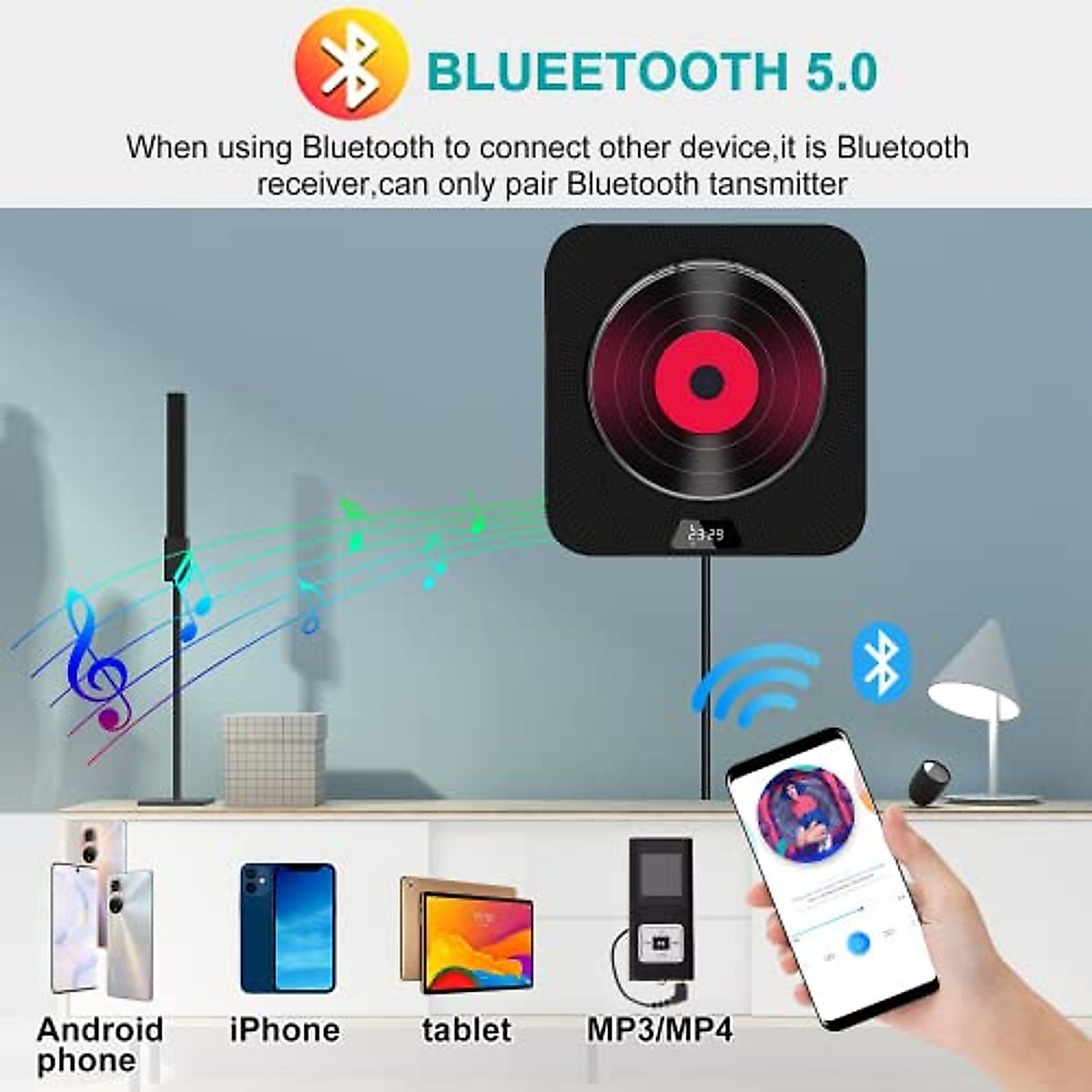 Portable Bluetooth CD Player,Wall Mountable CD Player for Home with Remote Control Dust Cover LCD Display Built-in HiFi Speakers FM Radio,Support CD/MP3/USB/TF/AUX Input Output (Black)