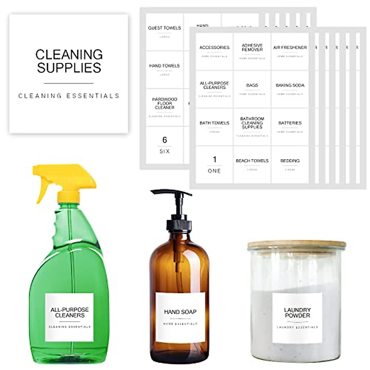 Cesun 156 Minimalist Laundry Labels for Jars - Waterproof Cleaning Supplies Labels for Containers - Laundry Detergent Labels - White Laundry Stickers Include Reference Sheet for Quick Indexing