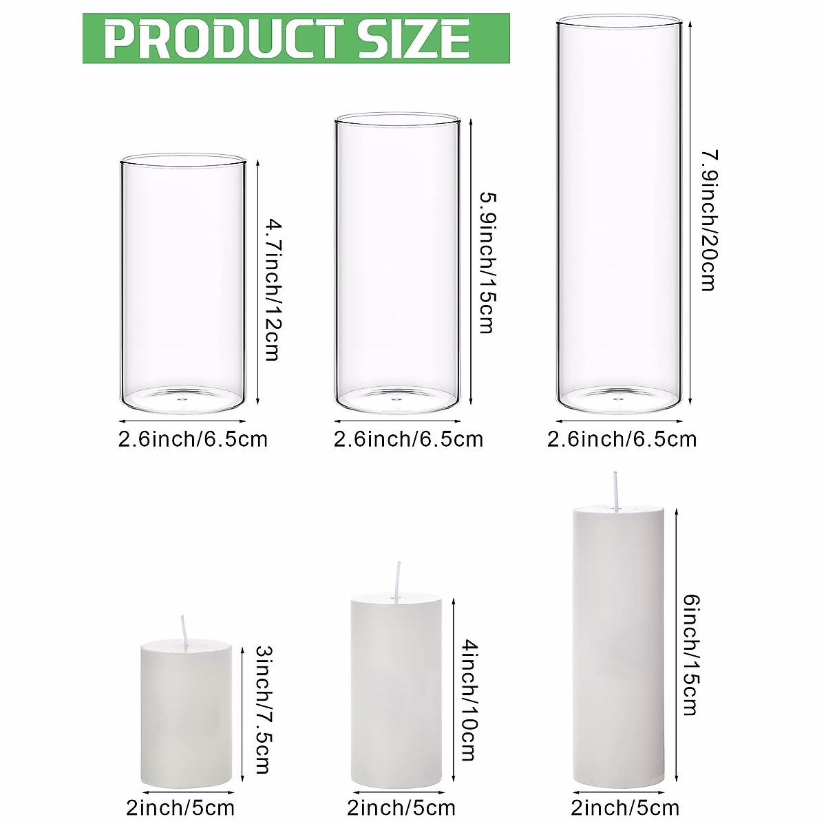 Shihanee Set of 36 Pillar Candles and Glass Cylinder Vases Clear Cylinder Candle Holders for Slim Pillar Candles Wedding Centerpieces (White,2.6'' X 4.7'', 5.9'', 7.9'')