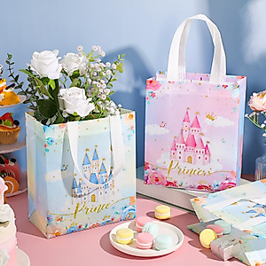 Locmeo 24 Pcs Prince and Princess Party Favor Bags with Handles Reusable Non Woven Castle Candy Goodie Bags Treat Blue Prince Pink Princess Gift Bag for Girl Boy Birthday Baby Shower, 8 x 4 x 10 Inch