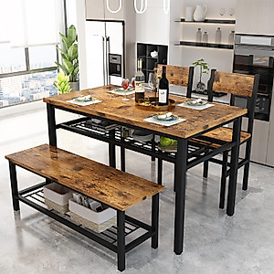 AWQM 4 Pieces Kitchen Table Set, Industrial Dining Table with 2 Chairs and Bench, Storage Racks, Space-Saving Table Set for Small Space, Apartment, Living-Room, Restaurant, Vintage Brown