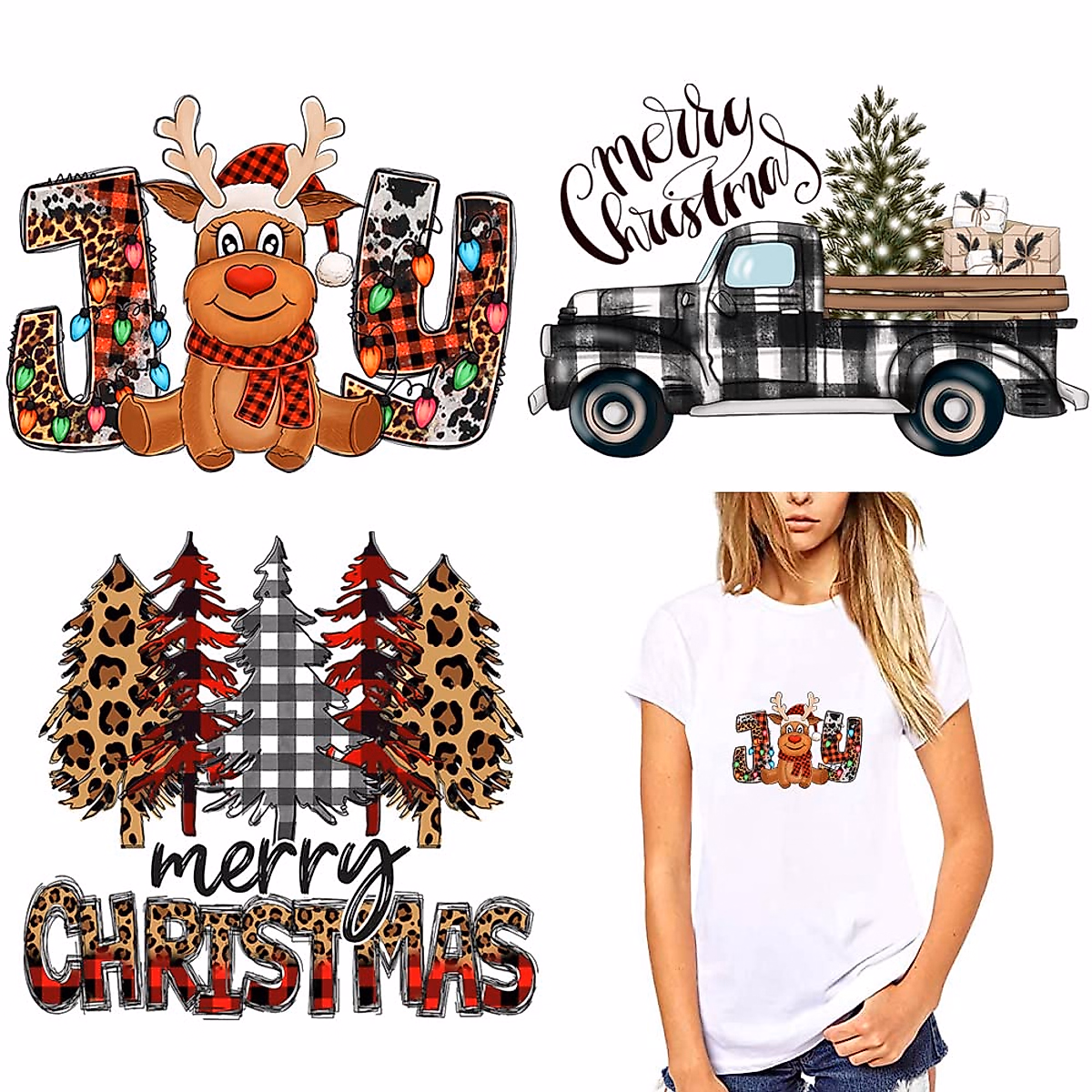 Iron on Decals & Patches - 3 Sheets Heat Transfer Stickers - Christmas Tree, Car, Deer Patterns for T-Shirts, Pillow, Hoody, Bag