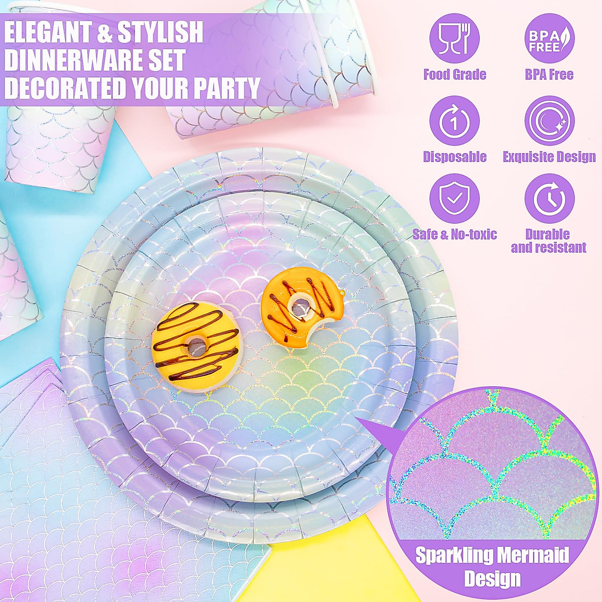 Tiblue Mermaid Party Supplies - 350PCS Disposable Dinnerware with Mermaid Paper Plates Napkin Cups Gold Plastic Fork Knives Spoon for Girls Birthday Baby Shower Ocean Theme Summer Graduation Party