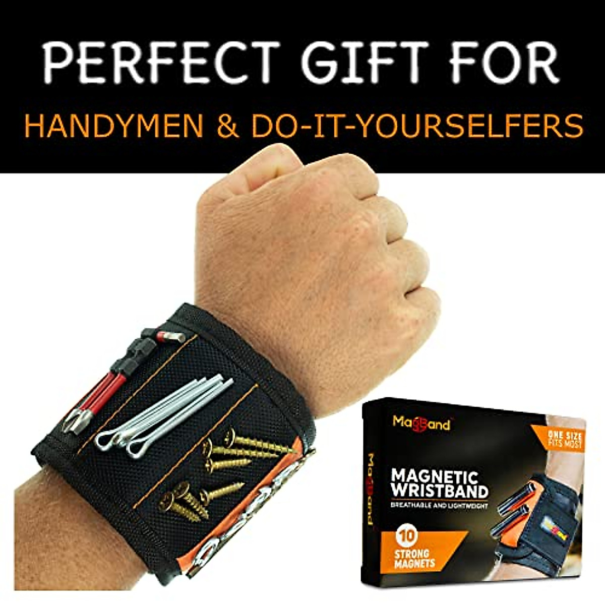 MagBand Magnetic Wristband For Holding Screws, Nails and Drilling Bits - 10 Strong Magnets - Men & Women's Tool Bracelet - Gift Ideas for Dad, Husband, Handyman or Handy Woman