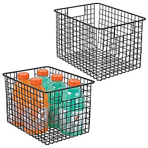 mDesign Metal Wire Food Storage Basket Organizer with Handles for Organizing Kitchen Cabinets, Pantry Shelf, Bathroom, Laundry Room, Closets, Garage - Concerto Collection - 2 Pack - Black