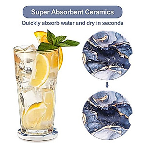 Dksyee Car Cup Holder Coasters 2 Pack Blue Cute Car Coasters for Women & Men Absorbent Ceramic Car Coasters with A Finger Notch for Easy Removal Universal Auto Anti Slip Insert Drink Coaster