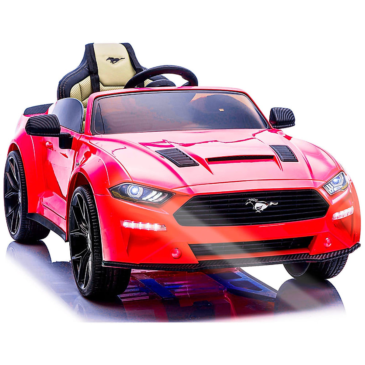 Ford Mustang 24V Ride On Kids Car 4WD Powerful Electric Vehicle, with Rubber Wheels, Bluetooth, FM Radio, Remote Control, Leather Seat, Soft Brake & Suspension, Max Speed 6 Mph