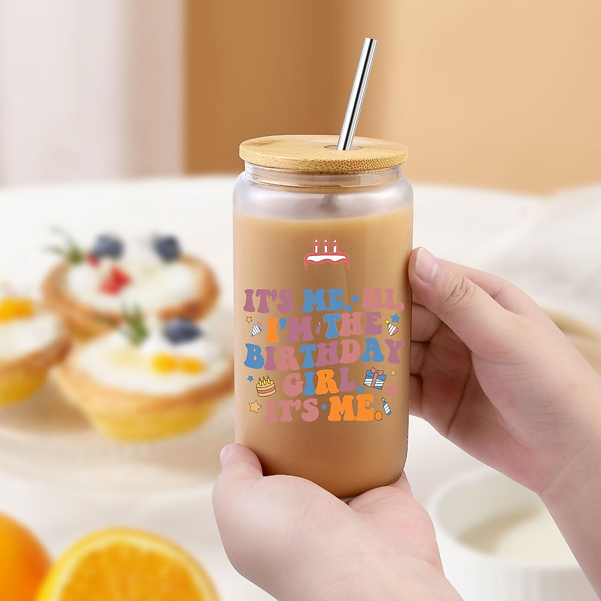 I'm The Birthday Girl Glass Cup, Glass Cups with Lids and Straws, 16 oz Drinking Glasses Tumbler with Straw and Lid, Iced Coffee Cup with Bamboo Lids, Glass Can Coffee Cups, Birthday Gifts for Women