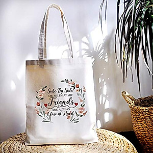 YouFangworkshop Funny Friendship Makeup Bag - Side By Side or Miles Apart Reusable Canvas Tote Bag Shopping Bag Long Distance Friendship Gifts for Best Friend Sister Bestie Girlfriends