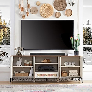 OKD Boho TV Stand for TVs Up to 85 inches, 28" Tall Highboy Entertainment Center w/Barn Door, 75" Large Wood Rustic TV Console Cabinet w/Adjustable Shelves for Living Room, Antique White
