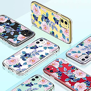 GiiKa iPhone 11 Case with Screen Protector, Clear Heavy Duty Protective Case Floral Girls Women Shockproof Hard PC Back Case with Slim TPU Bumper Cover Phone Case for iPhone 11, Pink Blue Flowers