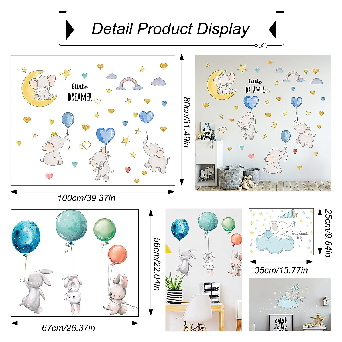 3Sets Cartoon Elephant Rabbit Wall Decals, HOLENGS Cute Balloons Flying Animals Wall Stickers, Stars Removable DIY Wall Decor for Kids Girls Baby Bedroom Classroom Nursery Home Decoration