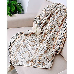 Knitted Throw Blanket for Couch with Tassels, Boho Style Throw for Home Decor, Small Cozy and Soft Blanket for Sofa or Outdoor, Navajo Farmhouse Blankets 50 x 60 Inches