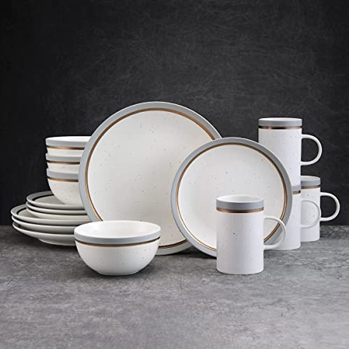 Pfaltzgraff Ezra Speckled 16 Piece Dinnerware Set, Service for 4, Grey Banded