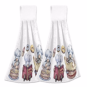 KOCOART Gnome Bakers Kitchen Hand Towels Sweet Donut Cake Hanging Towel Dishcloths with Loop 2PCS, Soft Super Absorbent Fingertip Towel for Bathroom Washroom Guestroom Hotel 12x17 in