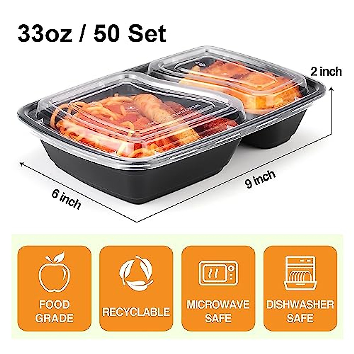 MORDEN MS Meal Prep Container With Lids, 50 Pack 2 Compartment Reusable Food Storage Container Divided Plastic Bento Lunch Box To-go Boxes, Microwave/Dishwasher/Freezer Safe,Portion Control(33oz)