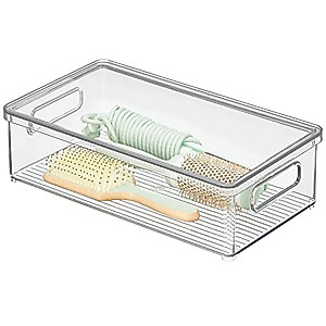 mDesign Plastic Stackable Bathroom Cabinet Storage Bin with Handles/Lid - Bin for Vanity, Countertop, Drawer Organization - Hold Soap, Towels, Accessories, Ligne Collection, 8 Pack, Clear