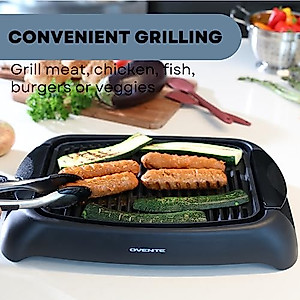 OVENTE Indoor Electric BBQ Grill with Non-stick Grilling Plate, Adjustable Temperature Control, Easy to Clean Cooking Surface and Removable Drip Tray, Perfect for Small House Party, Black GD1632NLB