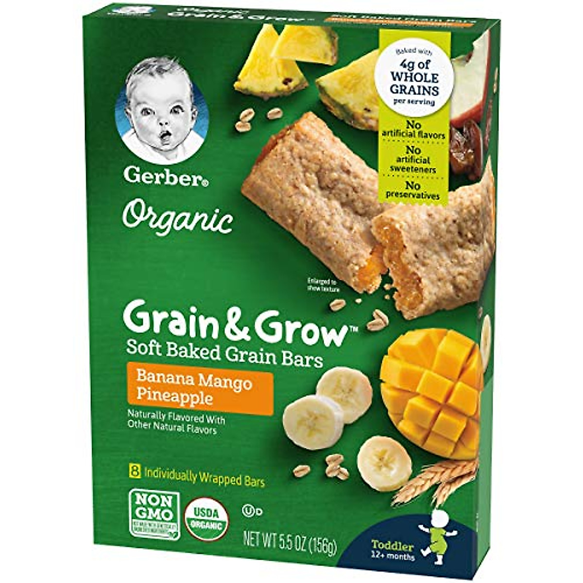 Gerber Organic Grain & Grow Toddler Bars, Banana Mango Pineapple, Soft Baked Grain Bars Toddler Snack, 8 Individually Wrapped Bars/Box (Pack of 2 Boxes)