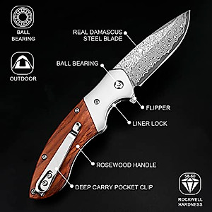 KOMWERO Damascus Pocket Knife, Sharp Damascus Steel Knife with Core VG10 Steel Blade Wood Handle, Folding Knife with Clip for Men Hunting, 60 HRC, Blade Length 3.34"
