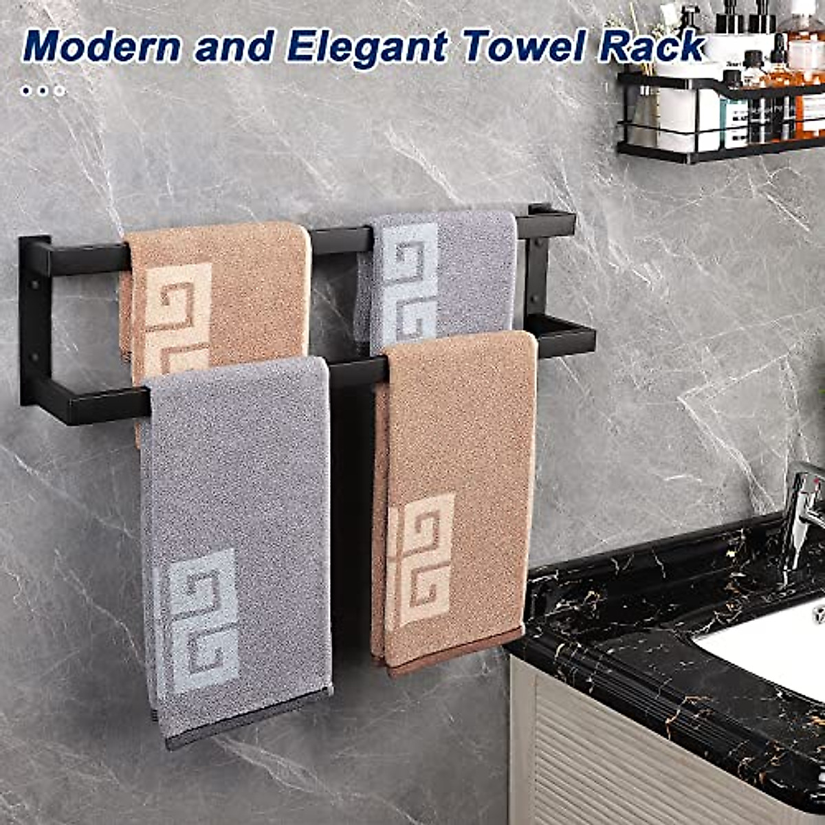 NearMoon Bathroom Towel Bar, Towel Rod Holder, Square Shelf Rack Hanging Towel for Bath, Thicken SUS304 Stainless Steel Towel Rack Wall Mounted-2-Tier Bathroom Accessories (24 Inch, Matte Black)