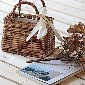 QTMY Bow Rattan Woven Bag Straw Bags Top Handle Wicker Baskets Handbags Boho Style Beach Bag Flower Basket