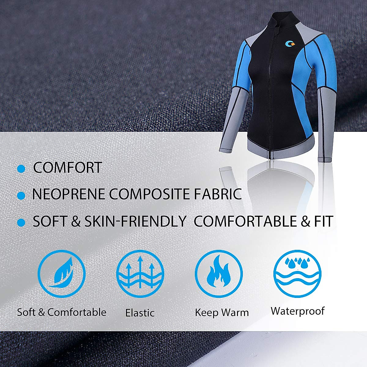 CtriLady Wetsuit Top, 1.5mm High-Necked Women’s Wetsuit Long Sleeve Jacket Neoprene Wetsuits with Front Zipper for Swimming, Diving, Surfing, Boating, Sauna, Fitness and Sweating(Blue, S)