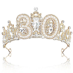 JUSTOTRY 30th Birthday Crown Headband - 30th Birthday Outfit Gifts for Women Rhinestone Headband with Peals for 30th Birthday Decorations
